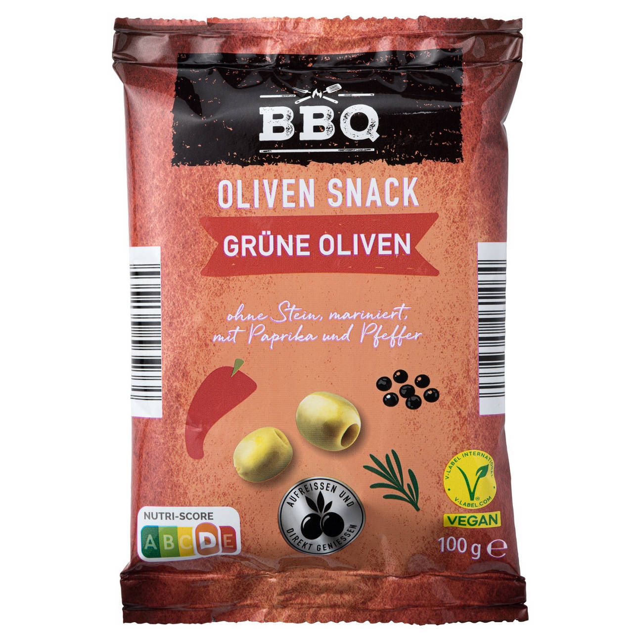 Olivensnack 100 g, Grüne Oliven Paprika & Pfeffer